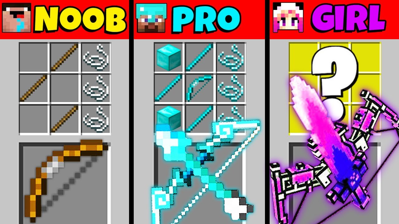 Minecraft Battle: NOOB vs PRO vs GIRL: BOW CRAFTING BUILD CHALLENGE ...