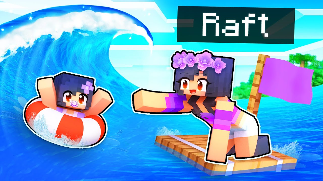 Teaching Baby To RIDE A TSUNAMI In Minecraft Raft! - Minecraft videos