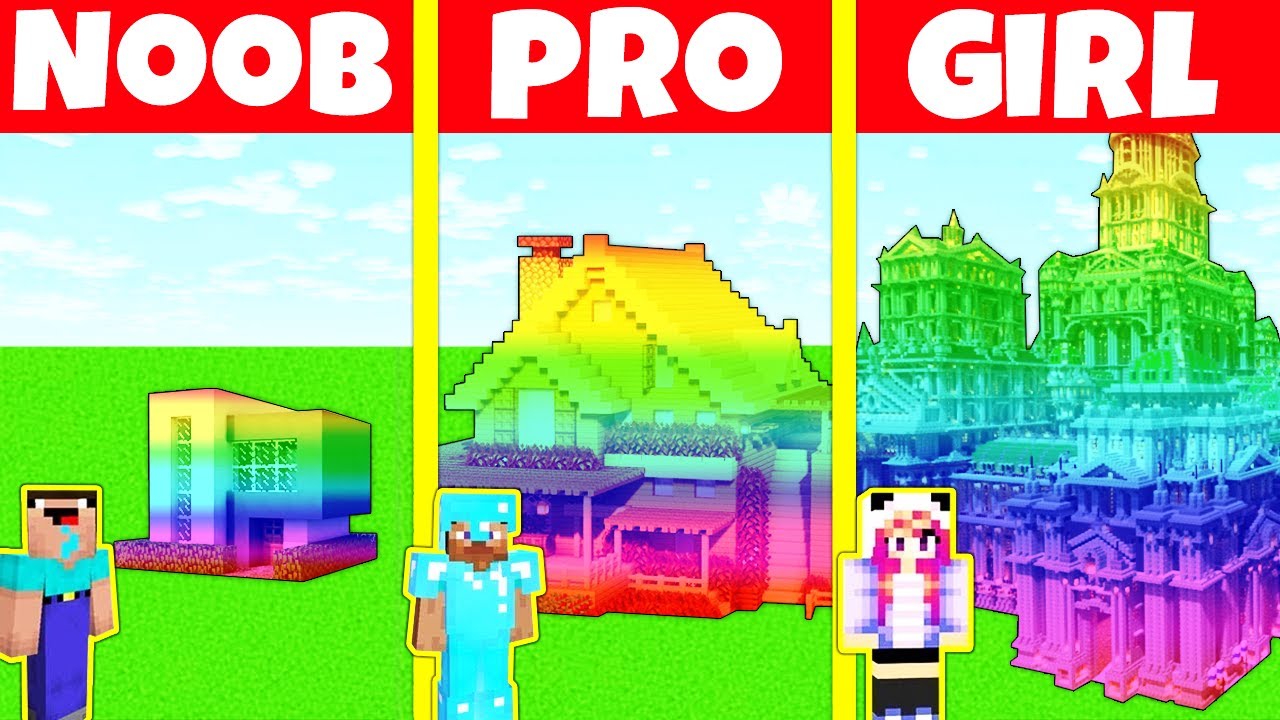 Minecraft Battle: NOOB vs PRO vs GIRL: RAINBOW HOUSE BUILD CHALLENGE ...