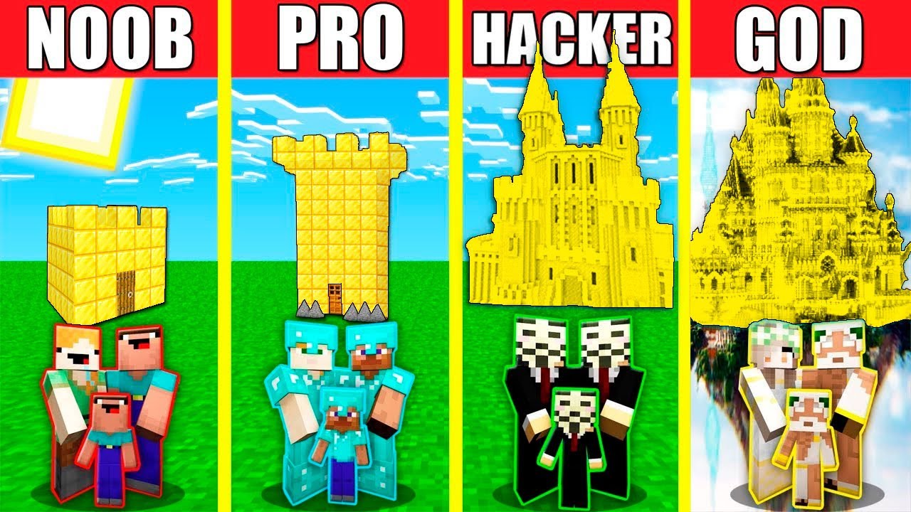 Minecraft Battle: GOLD CASTLE HOUSE BUILD CHALLENGE - NOOB vs PRO vs HACKER vs GOD / Animation ...