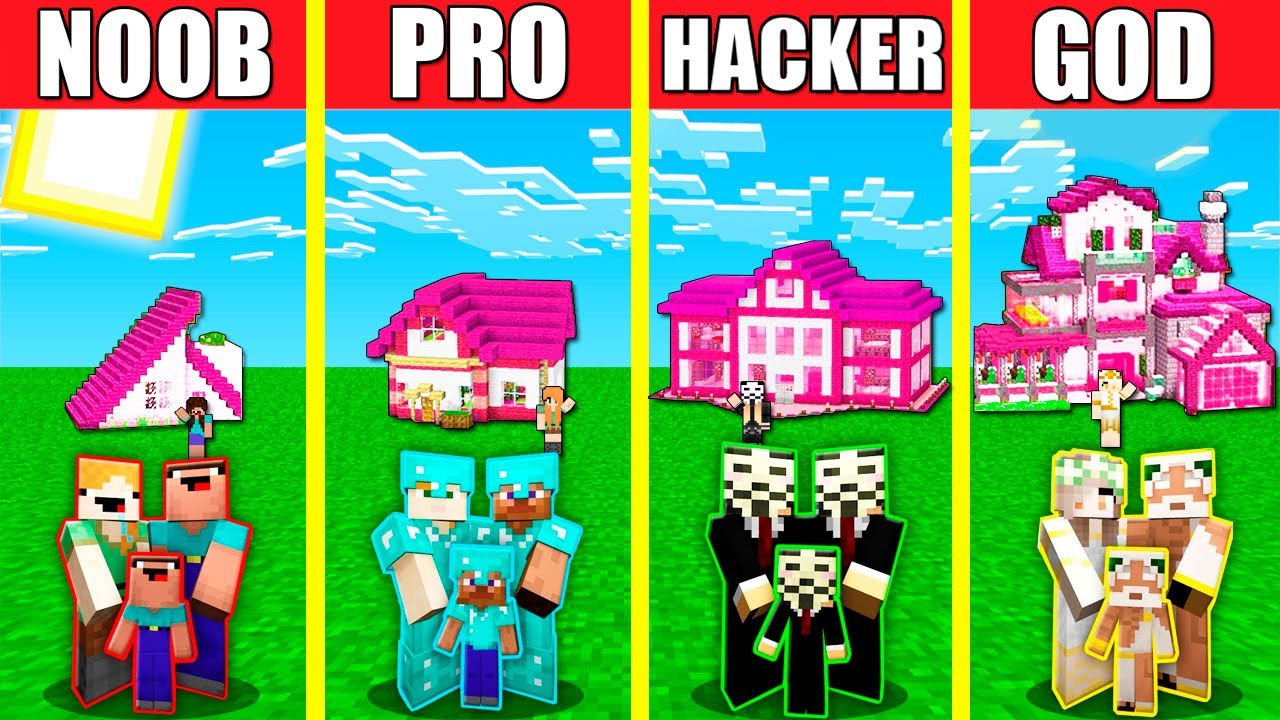 Minecraft Battle: GIRL PINK HOUSE BUILD CHALLENGE - NOOB vs PRO vs ...