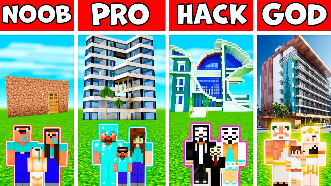 Minecraft: FAMILY MODERN HOTEL BUILD CHALLENGE - NOOB vs PRO vs HACKER ...
