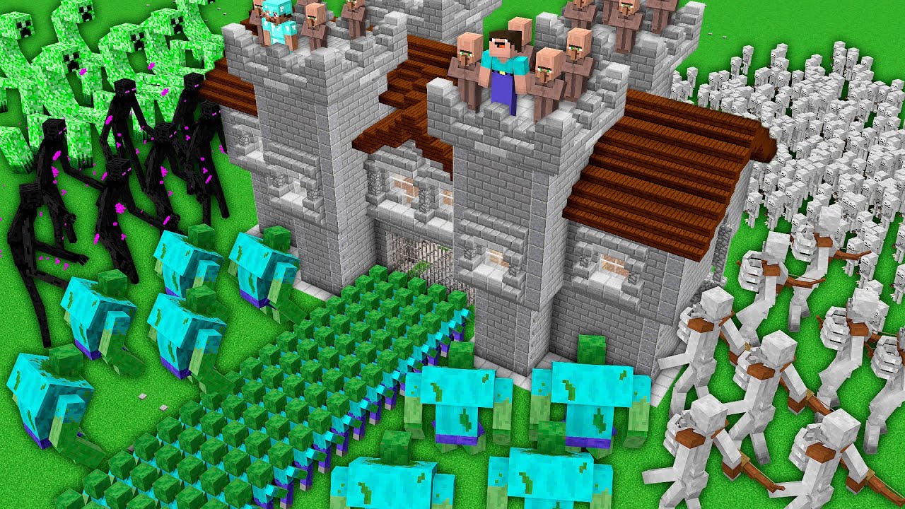 MINECRAFT NOOB VS PRO BATTLE CASTLE ATTACKED ALL THE MONSTERS ...