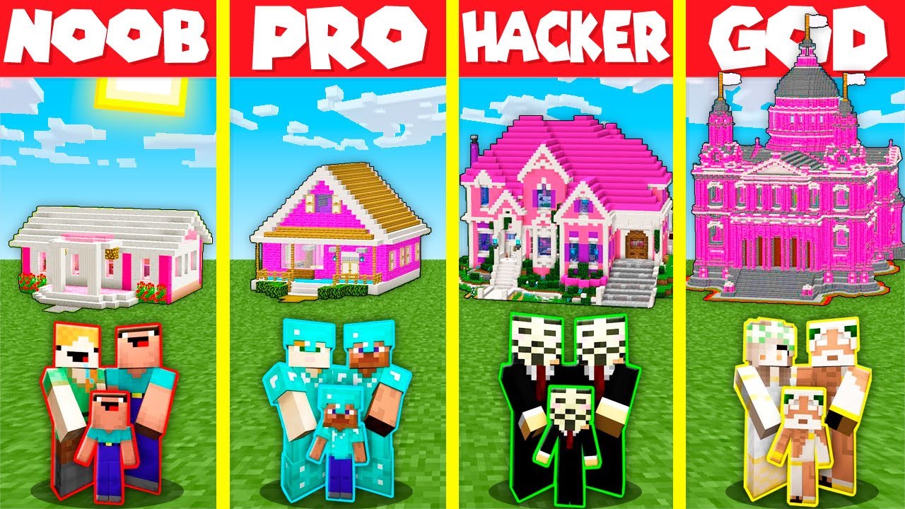 Minecraft Battle: GIRL PINK HOUSE BASE BUILD CHALLENGE - NOOB vs PRO vs ...