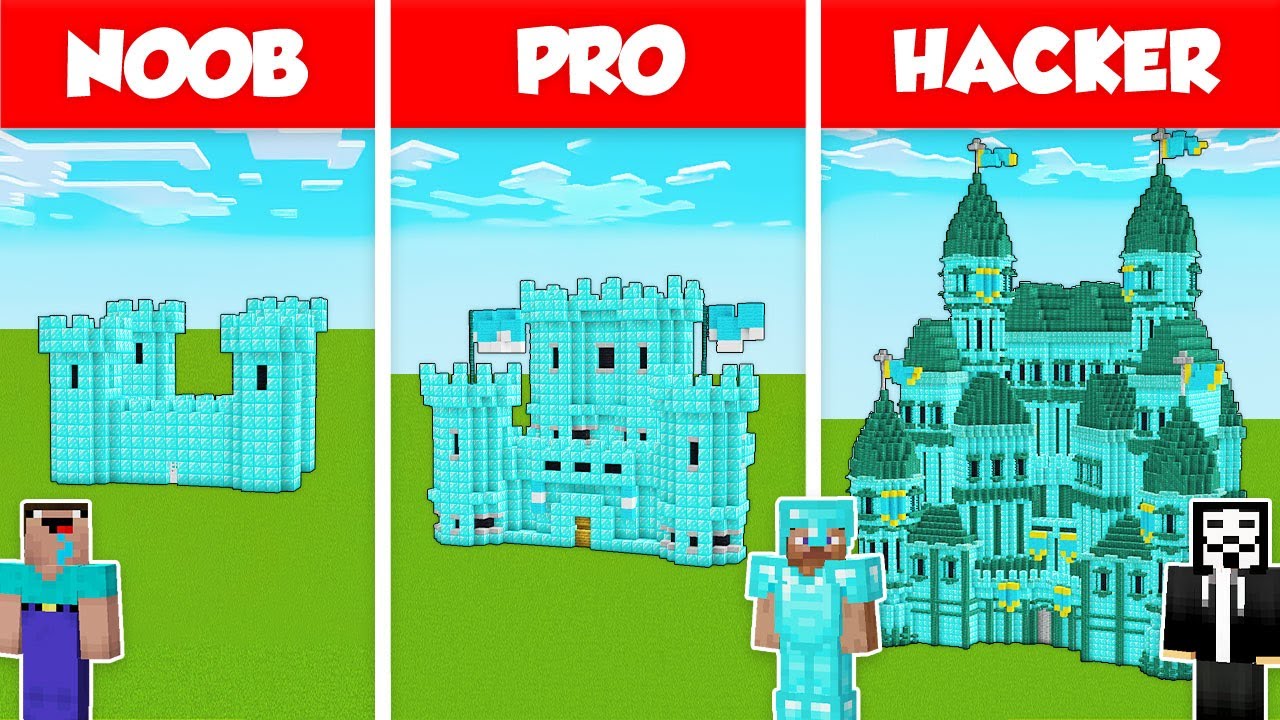 DIAMOND BLOCK CASTLE BASE HOUSE BUILD CHALLENGE - NOOB vs PRO vs HACKER / Minecraft Battle ...