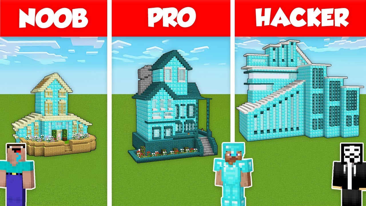 DIAMOND BLOCK HOUSE BASE BUILD CHALLENGE - NOOB vs PRO vs HACKER ...