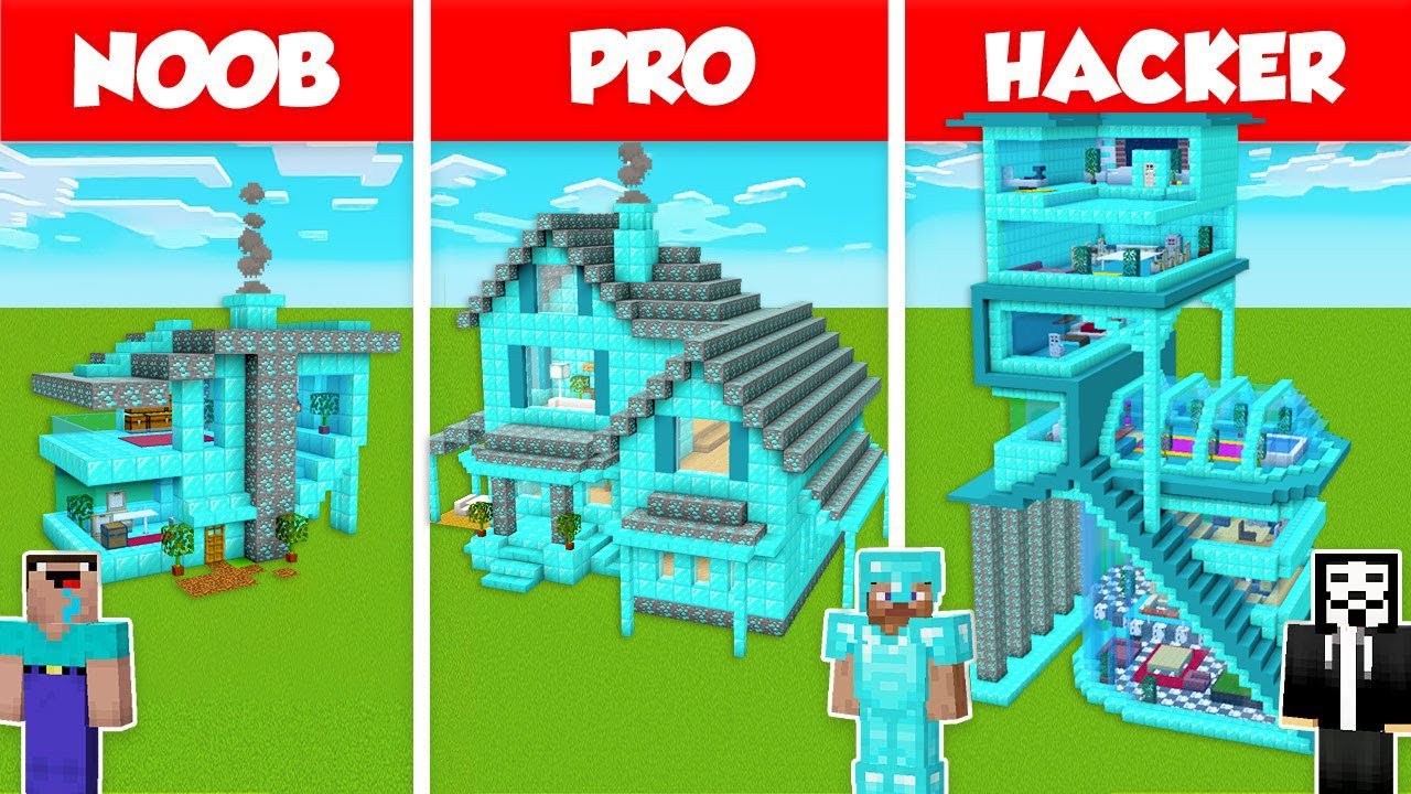 DIAMOND BLOCK BASE HOUSE BUILD CHALLENGE - NOOB vs PRO vs HACKER / Minecraft Battle Animation ...