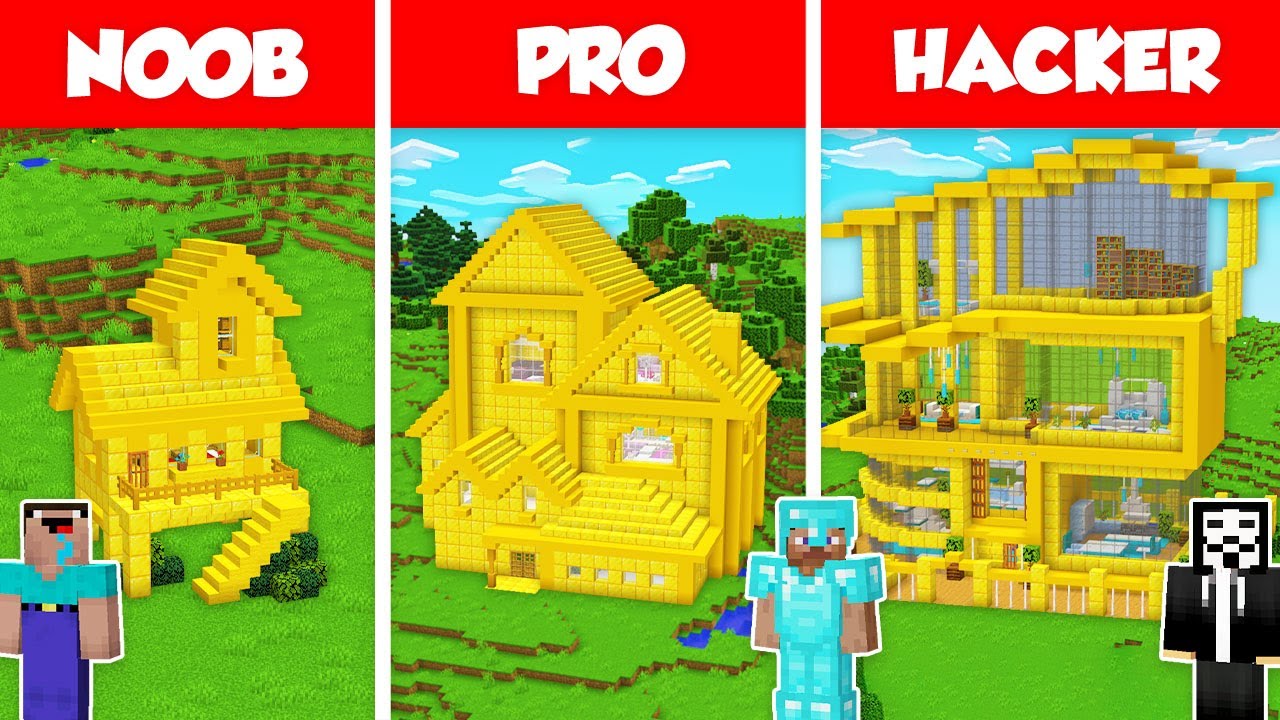 GOLD BLOCK BASE HOUSE BUILD CHALLENGE - NOOB vs PRO vs HACKER / Minecraft Battle Animation ...