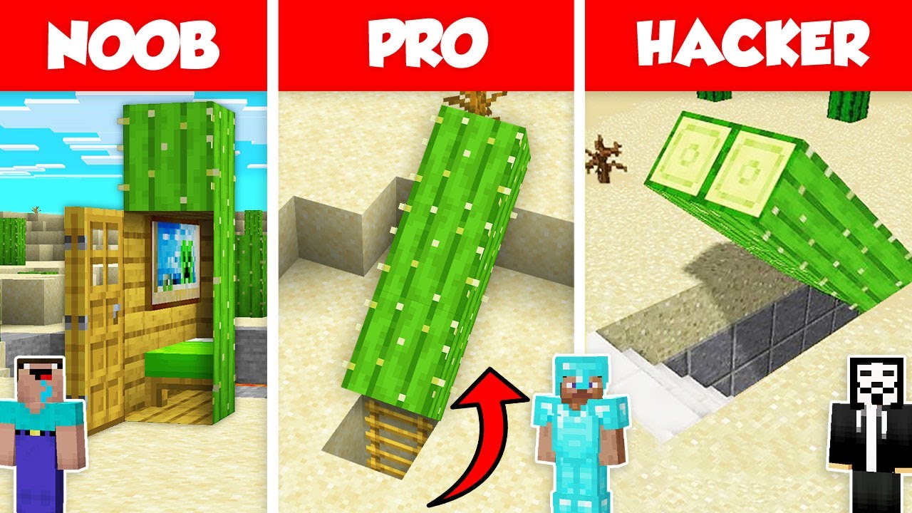 INSIDE CACTUS BLOCK BASE HOUSE BUILD CHALLENGE - NOOB vs PRO vs HACKER / Minecraft Battle ...