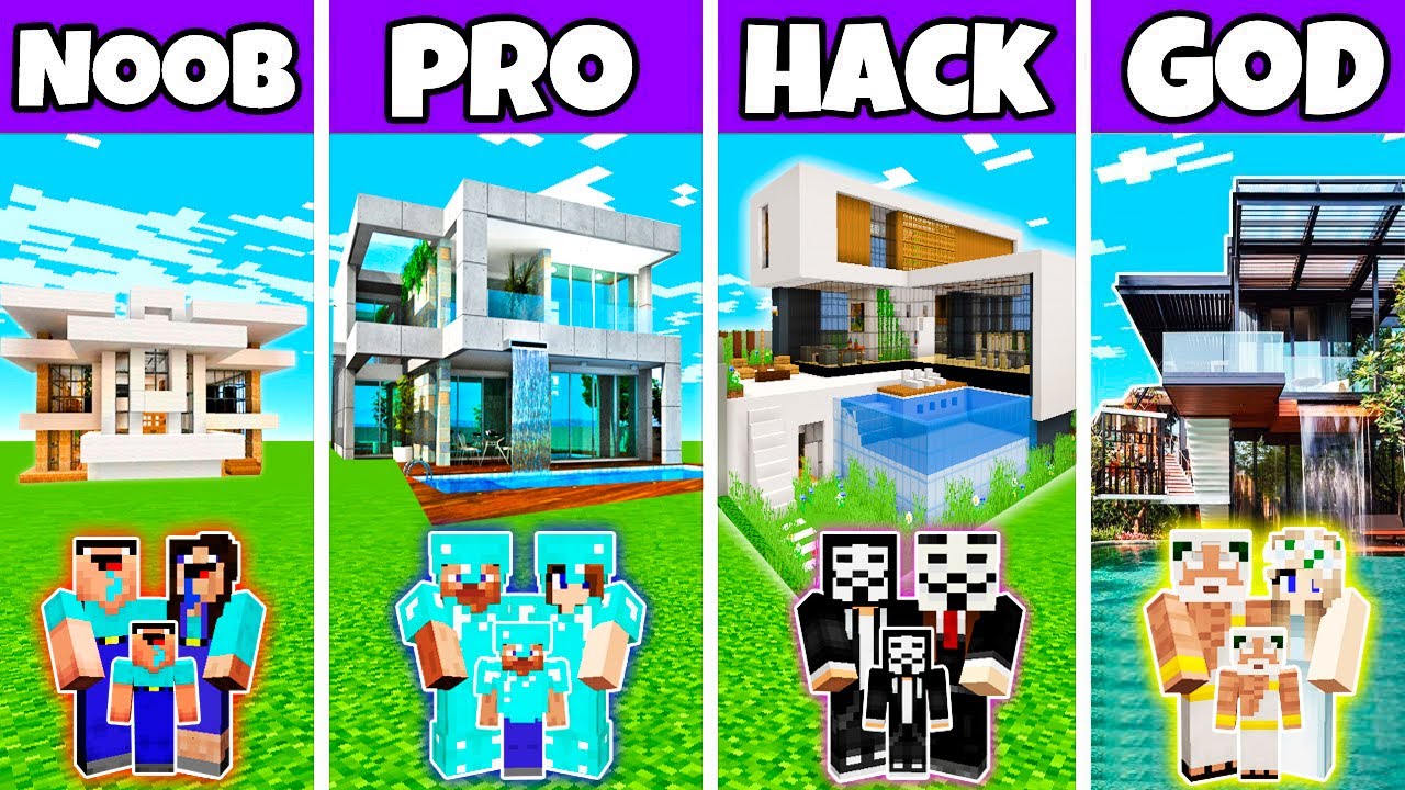 Minecraft: PRETTY MODERN HOUSE BUILD CHALLENGE - NOOB vs PRO vs HACKER vs GOD - Minecraft videos