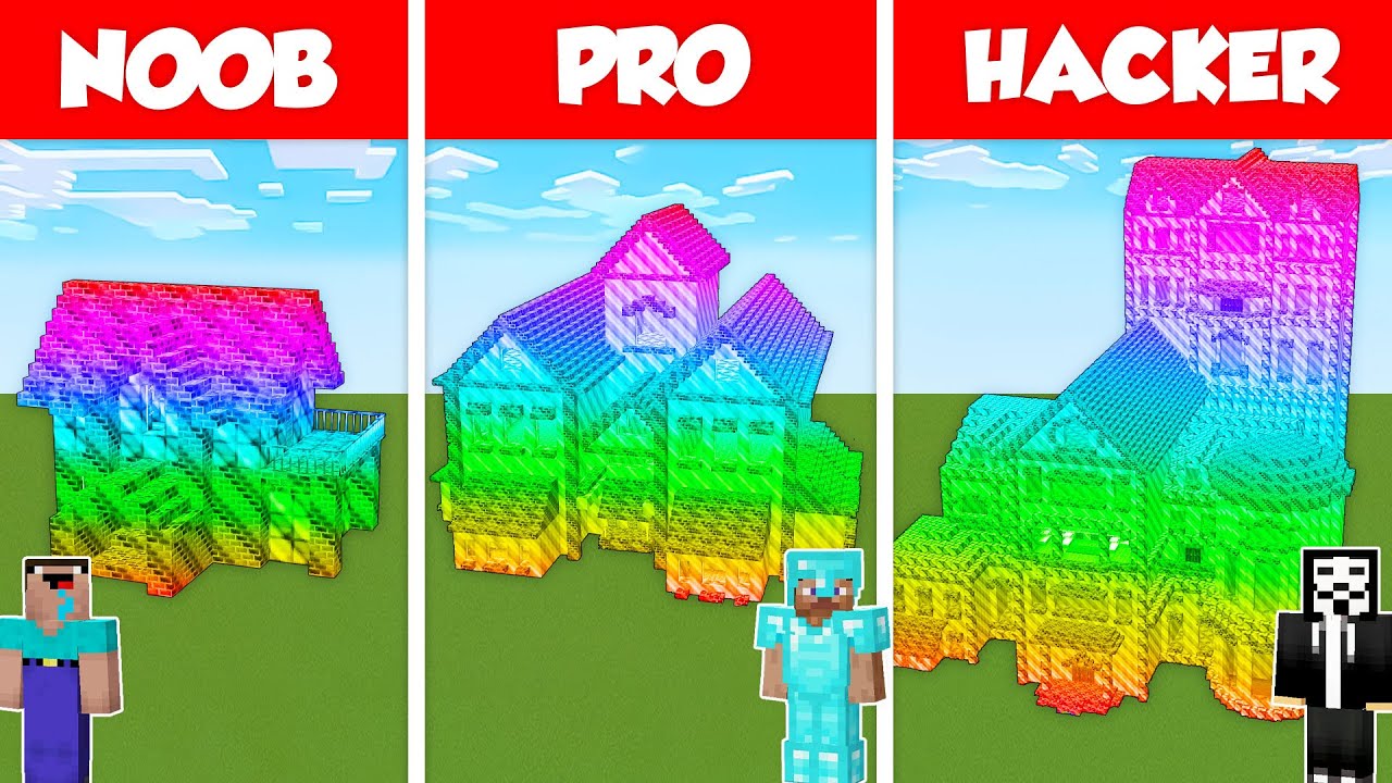 RAINBOW BLOCK BASE HOUSE BUILD CHALLENGE - NOOB vs PRO vs HACKER / Minecraft Battle Animation ...