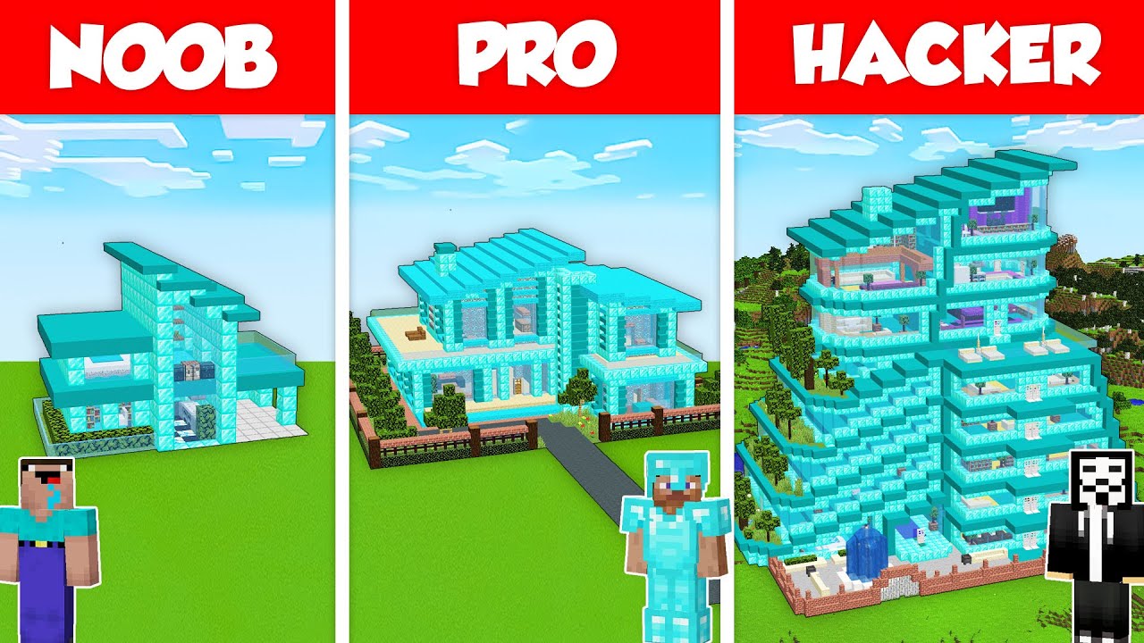 DIAMOND BASE HOUSE BUILD CHALLENGE - NOOB vs PRO vs HACKER / Minecraft ...