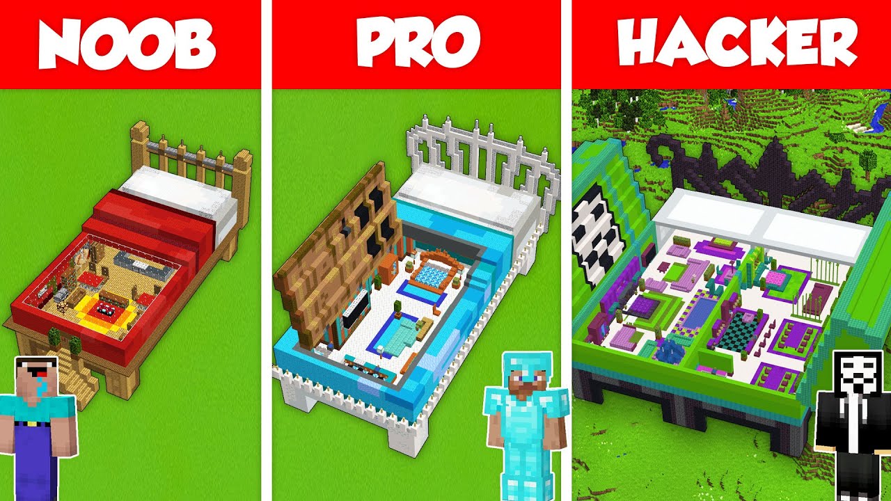 INSIDE GIANT BED BASE HOUSE BUILD CHALLENGE - NOOB vs PRO vs HACKER / Minecraft Battle Animation ...