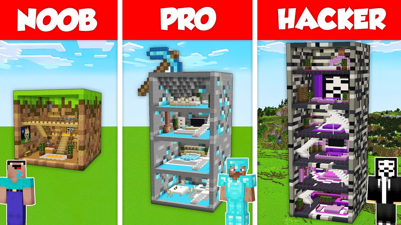 INSIDE GIANT BLOCK BASE HOUSE BUILD CHALLENGE - NOOB vs PRO vs HACKER / Minecraft Battle ...