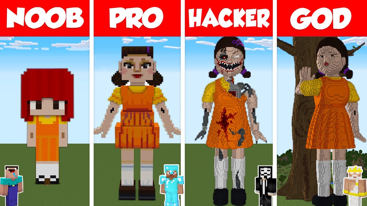 Minecraft SQUID GAME DOLL BUILD CHALLENGE - NOOB vs PRO vs HACKER vs ...
