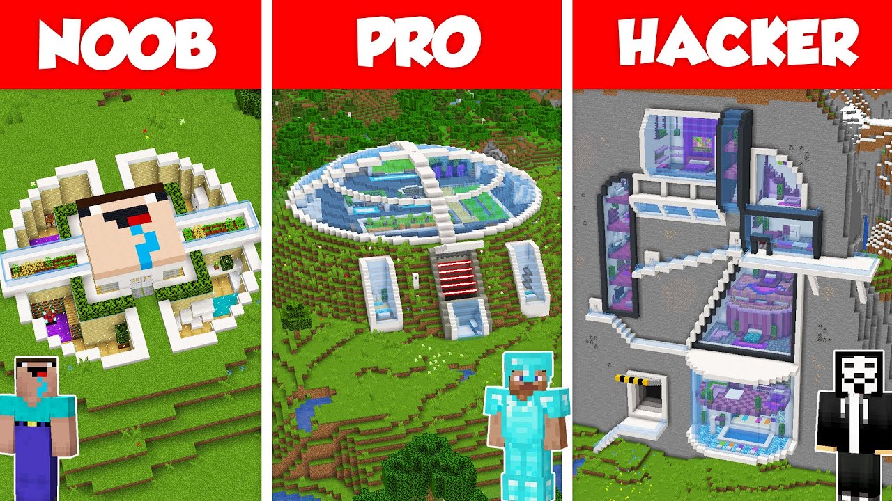 INTEGRATED BASE SECRET HOUSE BUILD CHALLENGE - NOOB vs PRO vs HACKER / Minecraft Battle ...