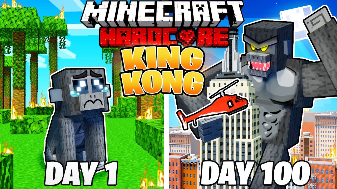 I Survived 100 DAYS as KING KONG in HARDCORE Minecraft! - Minecraft videos