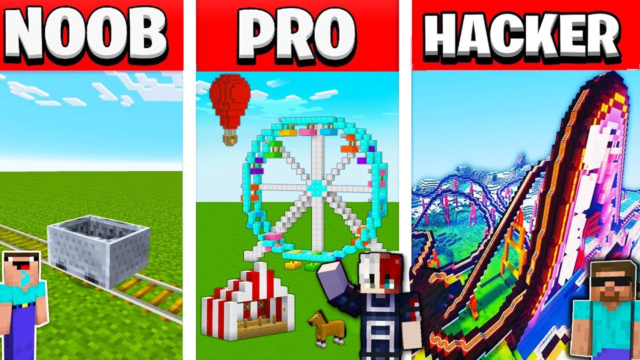Minecraft NOOB Vs HACKER: AMUSEMENT Park Build Challenge!! - Minecraft videos
