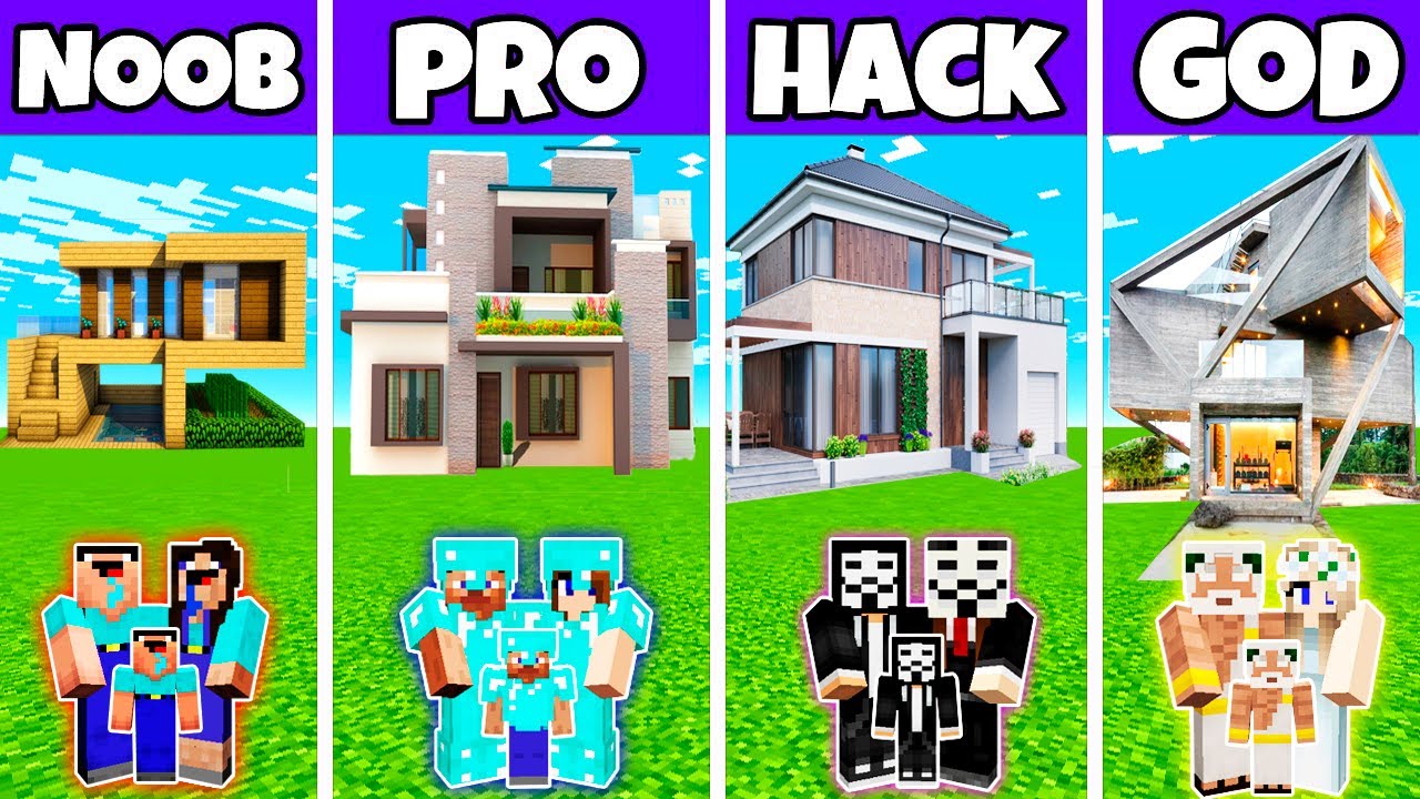 Minecraft Battle : New Family Modern House Build Challenge - Noob vs Pro vs Hacker vs God ...