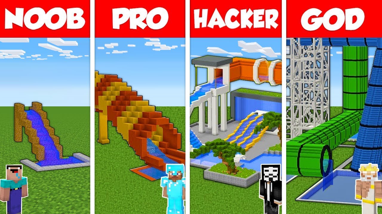 Minecraft Battle: NOOB vs PRO vs HACKER vs GOD: WATER PARK SLIDE HOUSE BUILD CHALLENGE ...