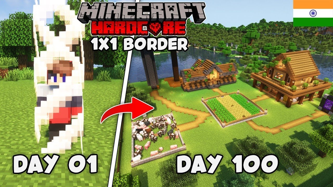 I Survived 100 Days In 1X1 Border In Minecraft Hardcore (Hindi) - Minecraft videos