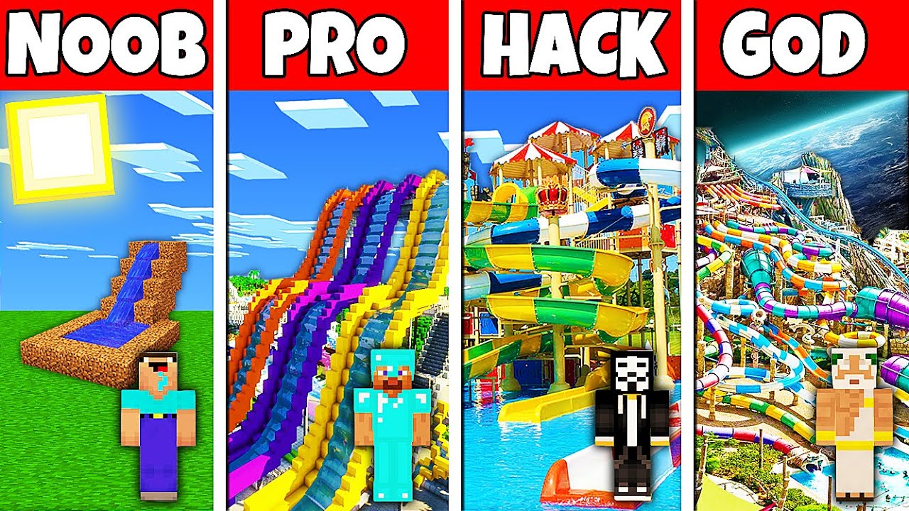 Minecraft Battle: NOOB vs PRO vs HACKER vs GOD! AQUA WATERPARK BUILD CHALLENGE in Minecraft ...