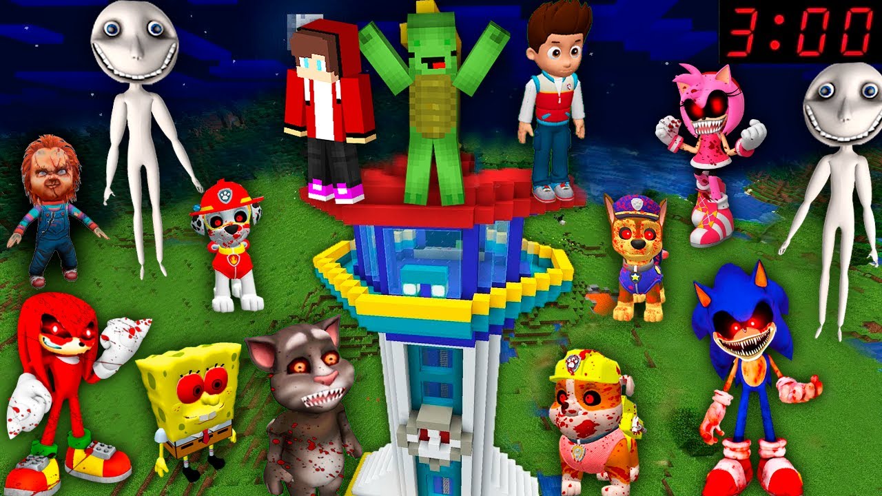 Scary MONSTERS vs Paw Patrol Security House in Minecraft Maizen JJ and Mikey SONIC MAN FROM ...
