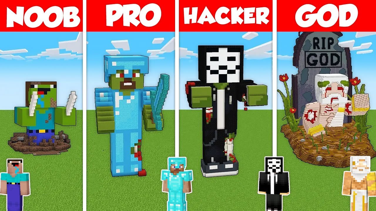 ZOMBIE STATUE HOUSE BUILD CHALLENGE - Minecraft Battle: NOOB vs PRO vs HACKER vs GOD / Animation ...