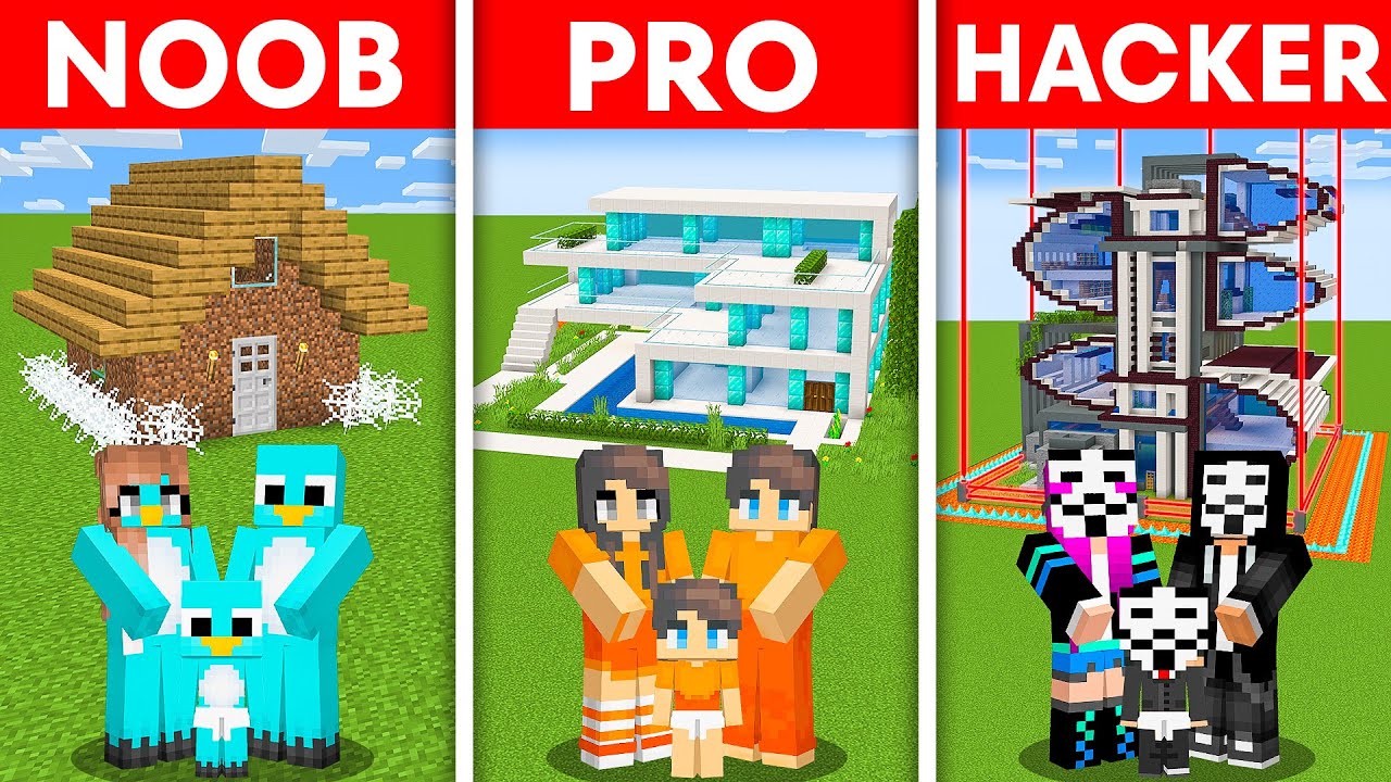 Minecraft NOOB vs PRO vs HACKER: SAFEST FAMILY HOUSE BUILD CHALLENGE - Minecraft videos