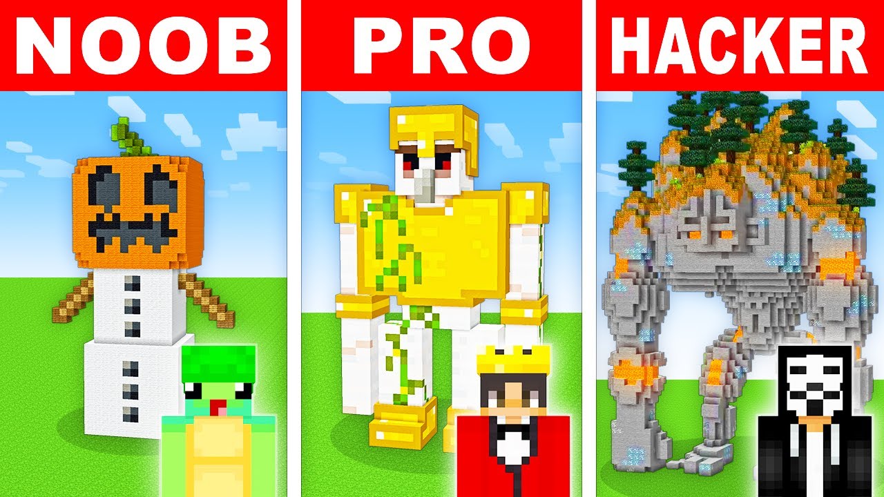 NOOB vs PRO vs HACKER: GOLEM STATUE HOUSE BUILD CHALLENGE in Minecraft - Minecraft videos