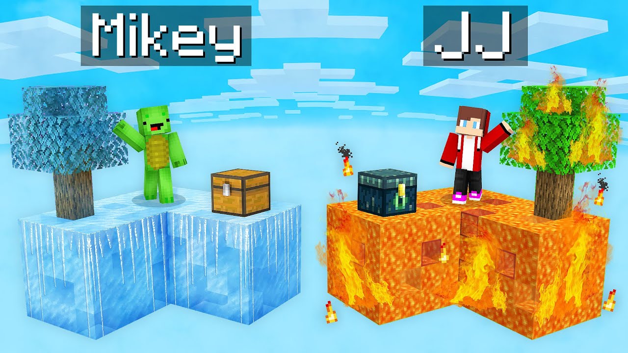 Mikey ICE vs JJ FIRE SKYBLOCK Survival Battle in Minecraft (Maizen) - Minecraft videos