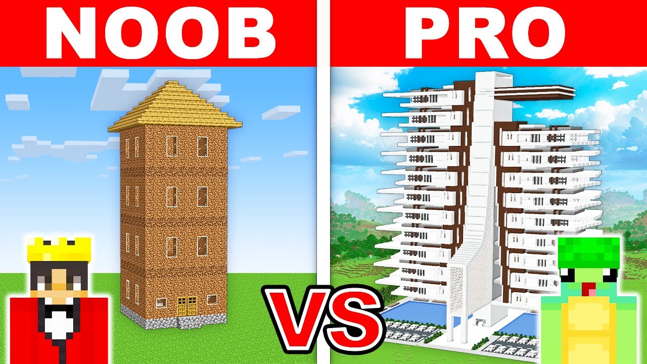 NOOB vs PRO: MODERN SKYSCRAPER HOTEL HOUSE Build Challenge in Minecraft - Minecraft videos