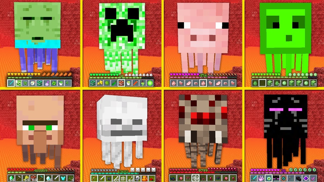 MINECRAFT HOW TO PLAY GHAST MOBS - SKELETON VILLAGER SPIDER PIG ZOMBIE ...