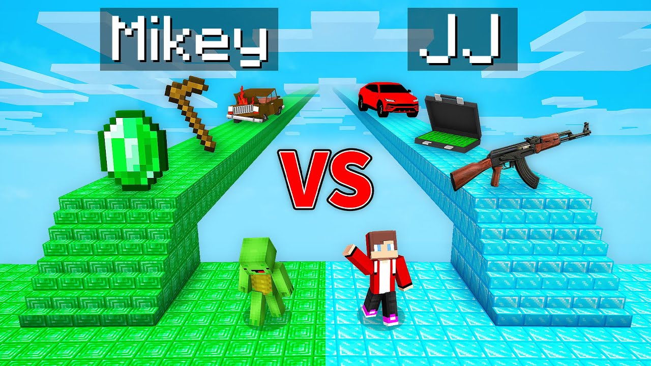Mikey EMERALD vs JJ DIAMOND Bridge Survival Battle in Minecraft (Maizen) - Minecraft videos
