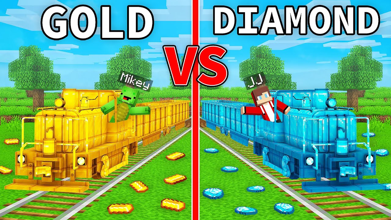 JJ's DIAMOND Train vs Mikey's GOLD Train Build Battle in Minecraft - Maizen - Minecraft videos