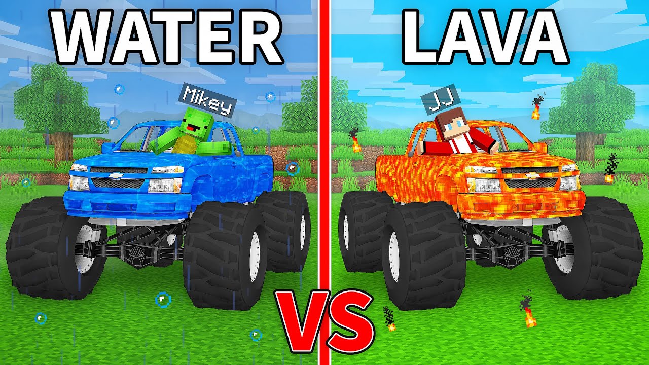 JJ's LAVA Monster Truck vs Mikey's WATER Monster Truck Build Battle in ...