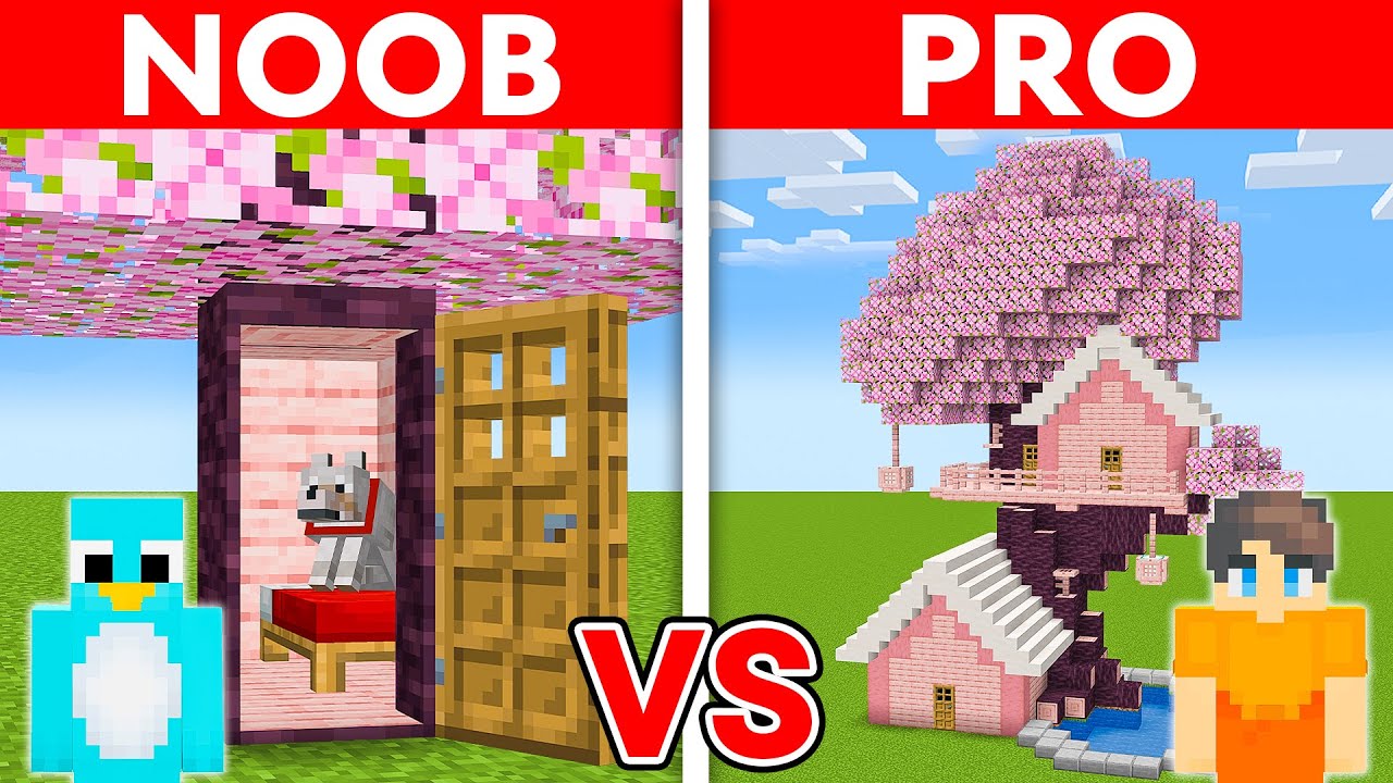 NOOB vs PRO: CHERRY BLOSSOM TREE HOUSE Build Challenge in Minecraft ...