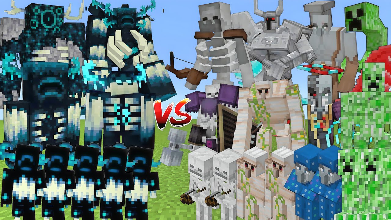 Warden Army Vs Creeper And Pillager And Iron Golem And Skeleton Army Mobs Battle In Minecraft