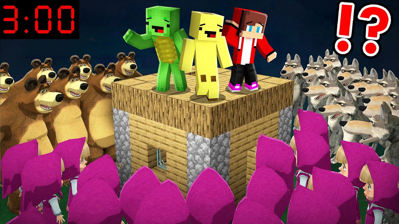 JJ and Mikey and Banana Kid SURROUNDED by ALL MASHA and The BEAR in Minecraft Maizen Security ...