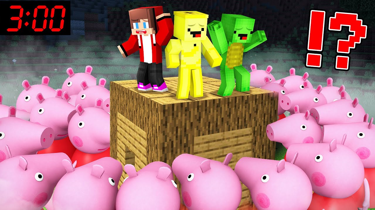 JJ and Mikey and Banana Kid SURROUNDED by ALL PEPPA PIG in Minecraft Maizen Security House ...