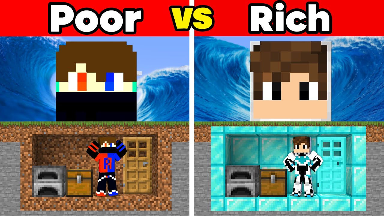 Poor vs Rich Tsunami Bunker Battle in Minecraft - Minecraft videos