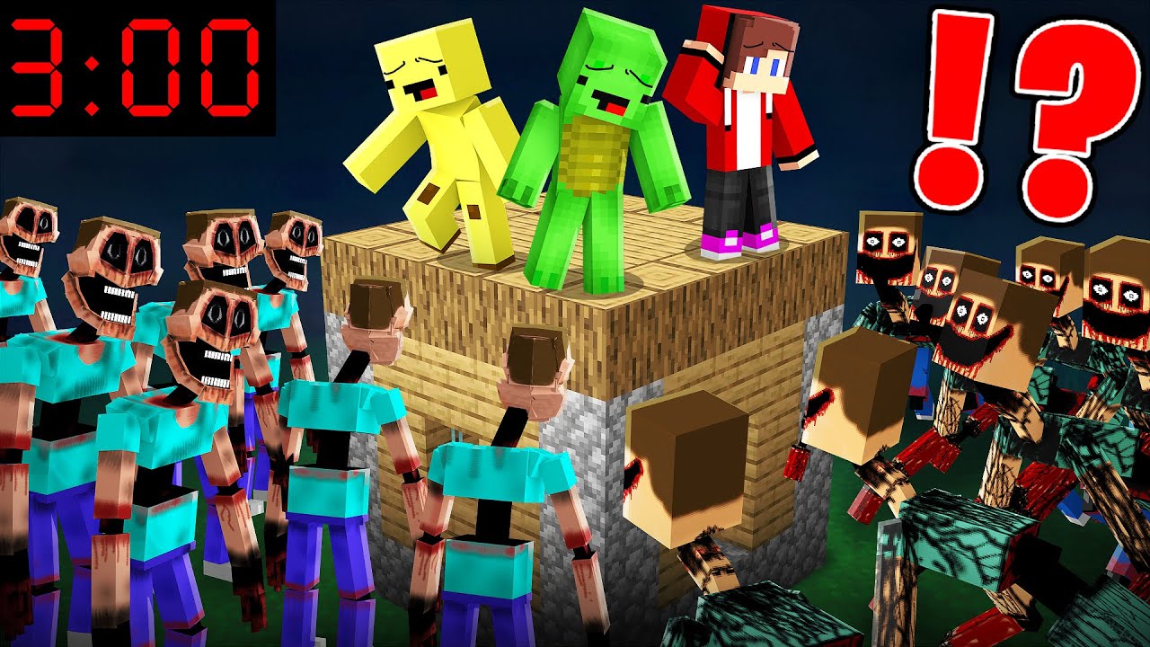 JJ and Mikey and Banana Kid SURROUNDED by Scary Mimics in Minecraft Maizen - Minecraft videos
