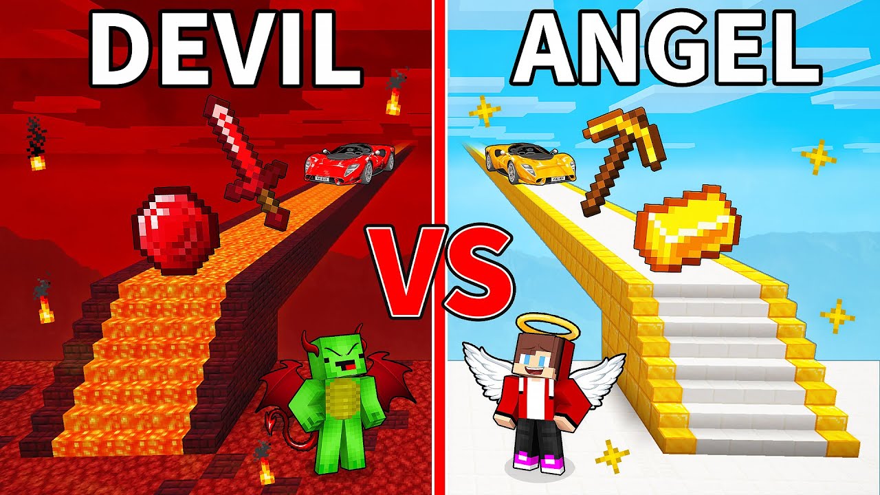 JJ's ANGEL Bridge vs Mikey's DEVIL Bridge Survive Battle in Minecraft - Maizen - Minecraft videos