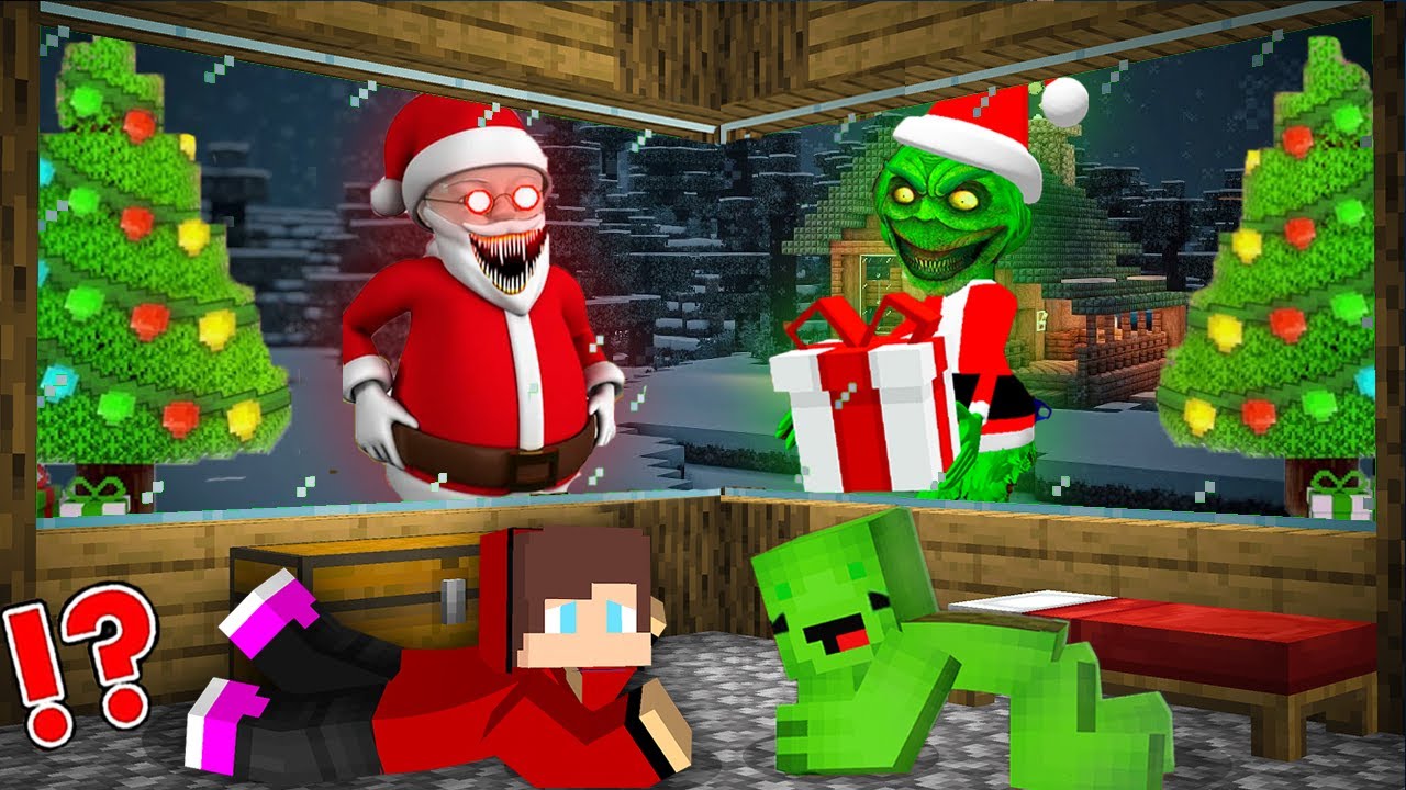 JJ and Mikey HIDE From GRINCH and SANTA At Night in Minecraft Challenge Maizen - Minecraft videos